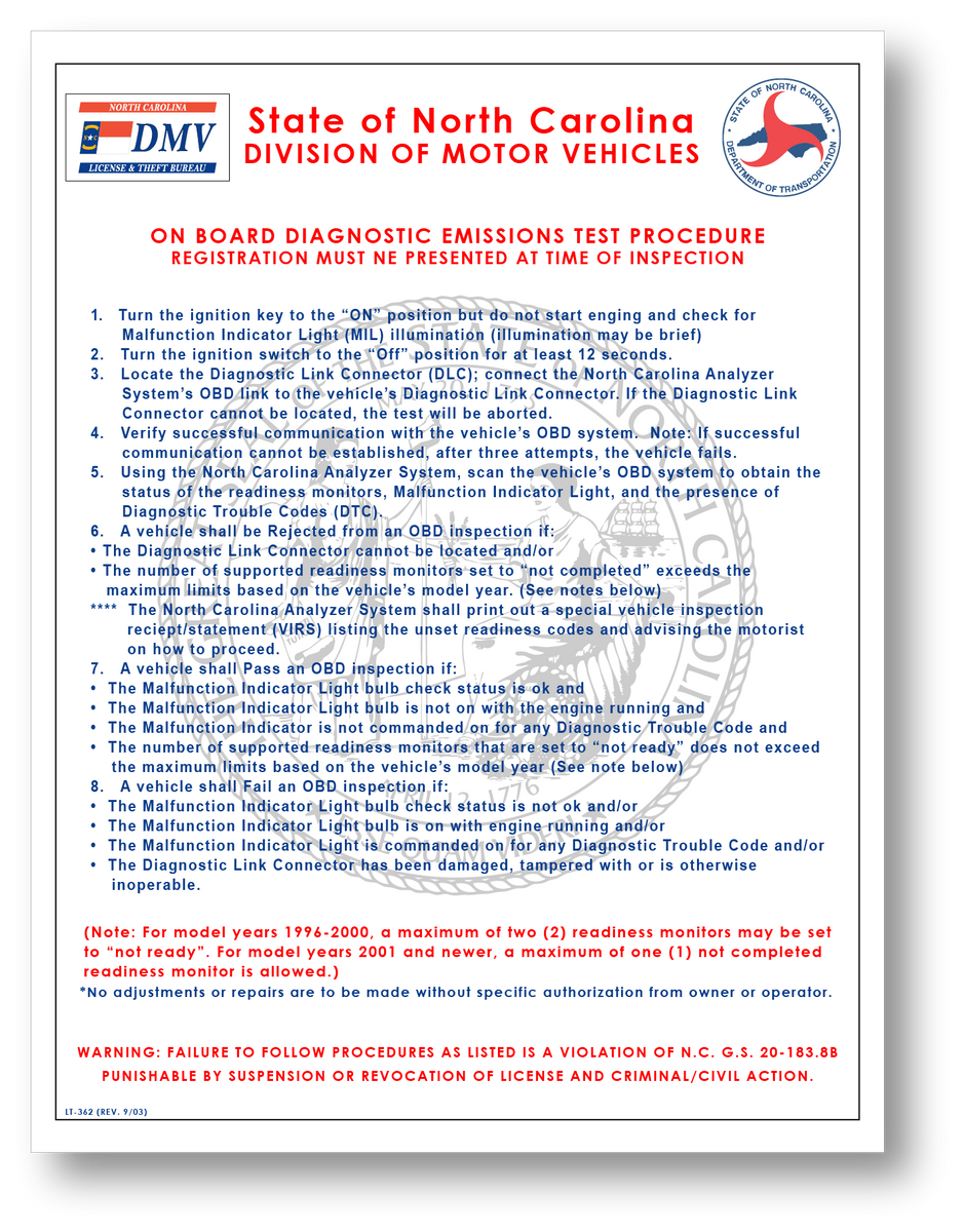 NCDMV Emissions Inspection Procedures Vinyl Sticker – Five Monkey Print ...